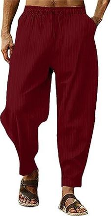 Generic Pantalon en lin pour homme - Blanc - Ray&eacute; - Pantalon de loisirs - Respirant - Pantalon de yoga baggy - Avec poches - Pantalon chino avec &eacute;lastique - P