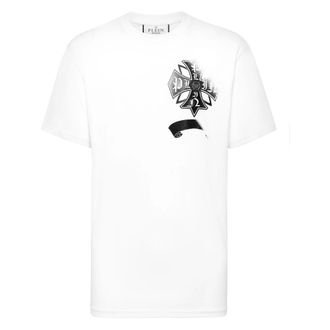 Philipp Plein Homme, Tops, Blanc, Taille: S T-Shirt Col Rond D&eacute;lav&eacute; Blason Destroyed
