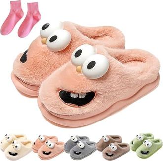 Generic Pantoufles amusantes antid&eacute;rapantes pour couple avec grand oeil et langue de chien, chaussons dhiver en polaire pelucheuse, rose, 37.5/38 EU