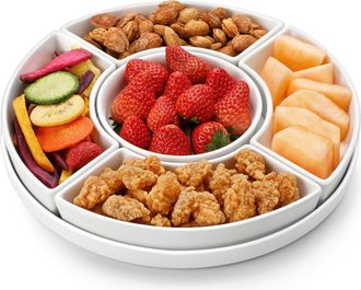 Malacasa Snackteller, 6-teilig Snack Platte Porzellan mit Dipschalen & Snacktablett, Servierplatten mit F&auml;chern f&uuml;r Party H&auml;ppchen, Chips, Dips, Obst, Gem&uuml;se, 