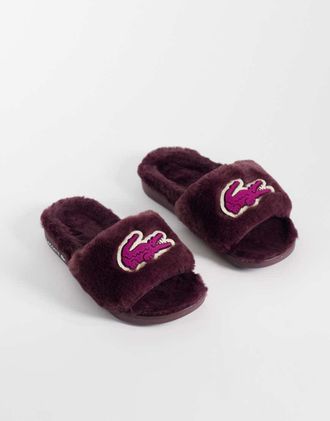 Lacoste chaussons mules en polaire &agrave; logo crocodile bordeaux et rose-Multi