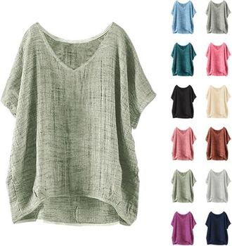Generic Chemisier ample en lin pour femme - Tuniques surdimensionn&eacute;es - En coton et lin - Chemisier d&eacute;t&eacute; - T-shirt ample &agrave; manches courtes - Col rond - T-shir