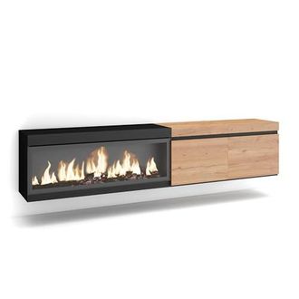 Skraut Home | TV-Schrank, Lowboard | f&uuml;r Wohnzimmer und Esszimmer | 210 | F&uuml;r TV-Ger&auml;te bis zu 80 | Elektrokamin XXL | H&auml;ngend | Moderner Stil | Eiche Schwarz