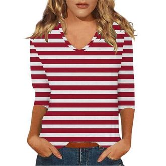 Generic T-shirt &eacute;l&eacute;gant pour femme - Col en V - Manches 3/4 - T-shirt d&eacute;t&eacute; ray&eacute; - D&eacute;contract&eacute; - Doux - Oversize - V&ecirc;tement tendance, rouge, M