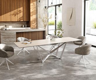 DELIFE Esstisch Edge 300x100 Keramik Laminam Travertino Bianco Creme-Wei&szlig; Spider Metall Wei&szlig;, Esstische