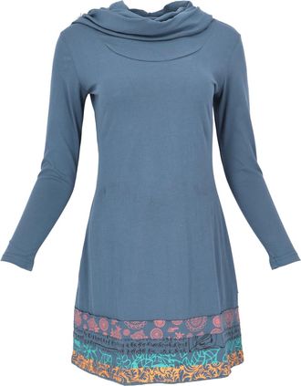 Guru Shop Boho Patchwork Minikleid mit Schalkragen - Taubenblau, Damen, Baumwolle, Size:XL