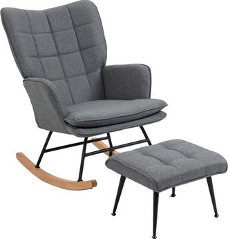 HOMCOM Schaukelstuhl Schwingsessel mit Hocker, Armlehnsessel, Sessel mit Leinenoptik, Schaukelsessel bis 130 kg Belastbarkeit für Schlafzimmer, Wohnzimmer, G