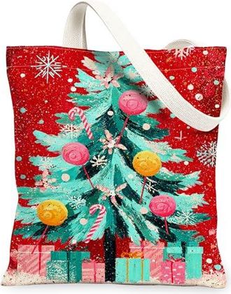 Generic Sacs fourre-tout en toile pour sapin de No&euml;l, d&eacute;coration de vacances, sacs d&eacute;picerie l&eacute;gers, lavables et r&eacute;utilisables, motif festif vintage, Rouge, 1