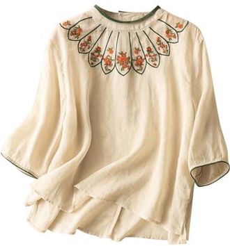 Generic Tunique d&eacute;t&eacute; en lin de style boh&egrave;me pour femme avec broderie florale 2025 - Chemisier hippie &agrave; volants sur le devant pour personnes &acirc;g&eacute;es - Printemps 