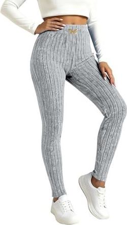 Generic Legging dhiver pour femme - Taille &eacute;lastique - Tricot c&ocirc;tel&eacute; d&eacute;contract&eacute; - Pantalon long - Confortable - Doux et chaud - Aspect cuir - Noir - 152, gri