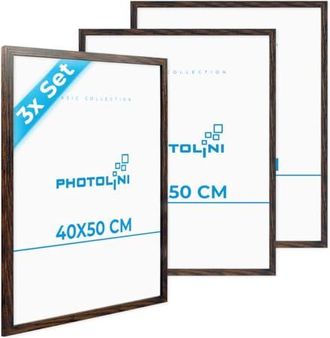 Photolini Cadre 40 x 50 bois MDF chêne foncé, lot de 3 cadres photo pour posters et affiches, verre acrylique incassable, décoration murale à suspendre, avec ac