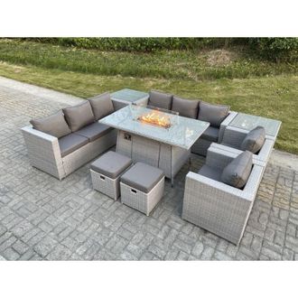 Fimous Fimous Polyrattan Gartenmöbel Set im Freien Gas Feuertisch Sofa Sets mit 2 Sessel 2 Beistelltisch 2 Kleiner Hocker Gas Feuerstelle Helles Grau