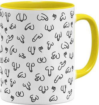 OM3 witzige Doodle Kaffeetasse mit Penisse - Pimmel Tasse Penis-Muster - Keramik Becher - 11oz 325ml - Rundumdruck - Gelb