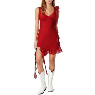 Generic Mini robe moulante sexy sans manches avec col en V et fente lat&eacute;rale en maille irr&eacute;guli&egrave;re ourlet &agrave; volants dos nu robe d&eacute;t&eacute; boh&egrave;me pour la plage, les