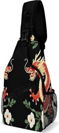 Generic Sacoche Bandouliere Fleur dr&ocirc;le chinoise japonaise Dragon R&eacute;glable Sling Bag L&eacute;ger Sac Poitrine pour Homme &eacute;cole Camping