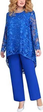 Minetom Femme 2 Pièces Costume De Soirée Cocktail Bal en Dentelle Mariage Manches Longues Chemise en Dentelle Fête Et Costume Pantalon A Bleu 3XL