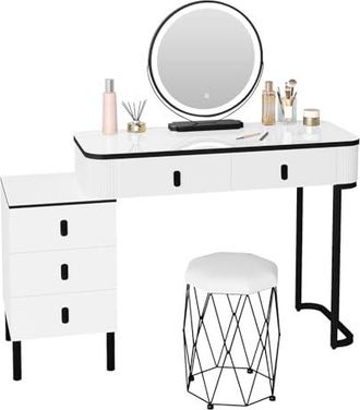 Woltu Coiffeuse avec Miroir LED Réglable et Tabouret en Velour, Table de Maquillage avec 2 Tiroirs 1 Commode, Assemblage Flexible, 100x40x125cm, Ensemble Co