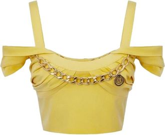 Elisabetta Franchi Femme, Tops, Jaune, Taille: 42 FR Top en coton stretch avec collier