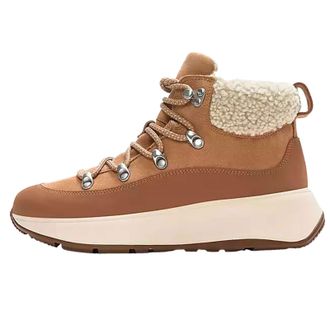 FitFlop F-Mode Damen-Stiefelette mit Teddy-Kragen, warmes Wildleder, Schn&uuml;rstiefelette, W&uuml;stenbraun, Gr&ouml;&szlig;e 41, Desert Tan, 42 EU