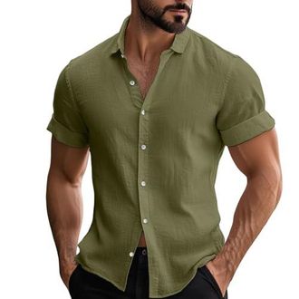 Generico Chemise en lin pour homme, chemise &agrave; manches courtes avec col &agrave; revers et boutons, d&eacute;contract&eacute;, t-shirt de plage, v&ecirc;tement d&eacute;t&eacute; respirant, vert, XXXL