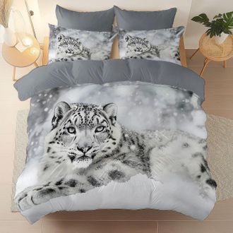 Generic Bettwäsche 180 x 200 cm 3 teilig - Mikrofaser Bettbezug Winternatur Schneeflocken Leopard Kissenbezug 80x80 cm - atmungsaktiver Stoff mit Reißverschlu