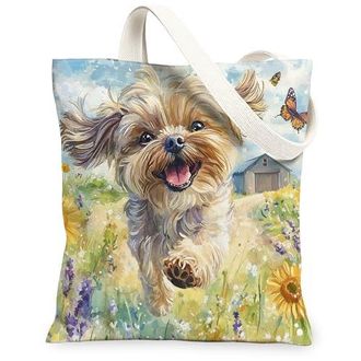 Generic Spring Shih Tzu Sac fourre-tout en toile pour faire du shopping 33 x 38,1 cm, sac d&eacute;picerie r&eacute;utilisable pour femme, motif animal de compagnie, d&eacute;cora