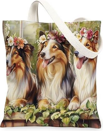 Generic Sac fourre-tout en toile motif chien de Collie de printemps pour faire du shopping, 33 x 38,1 cm, sac r&eacute;utilisable &agrave; motif imprim&eacute; de plantes en pot p