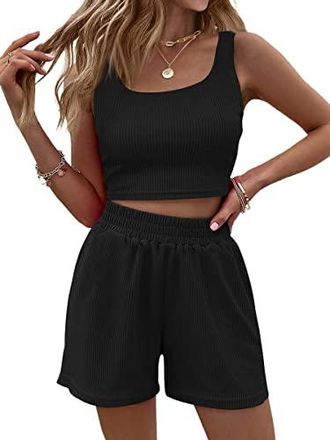ORANDESIGNE Ensemble Femme Ete Chic Elegant Débardeur Crop Top + Short De Jogging Costume 2 Pièces Décontracté Vetement Survetement Tenue de Sport Ensemble Fitnes