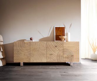 DELIFE Sideboard Ashara 200 cm Eiche Natur 3D Effekt 4 T&uuml;ren Kufe Edelstahl geb&uuml;rstet, Sideboards