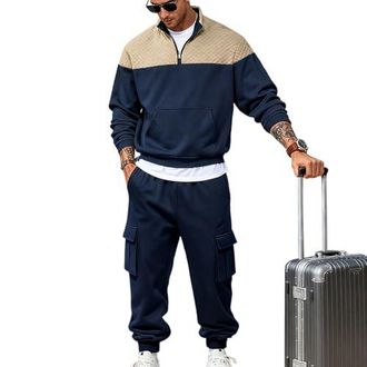 Generic Surv&ecirc;tement 2 pi&egrave;ces pour homme - Ensemble de jogging - Couleurs contrast&eacute;es - Fermeture &eacute;clair 1/4 - Surv&ecirc;tement athl&eacute;tique avec poche, bleu marine, 