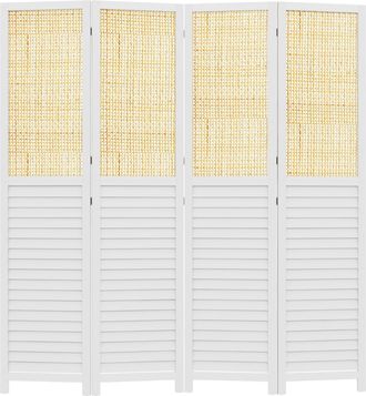 HOMCOM Paravent aus Holz, 4 Paneele, 160 x 170 cm, Raumteiler, Trennwand, Lamellenwand, Sichtschutzwand, faltbar, aus Holz, Weiß