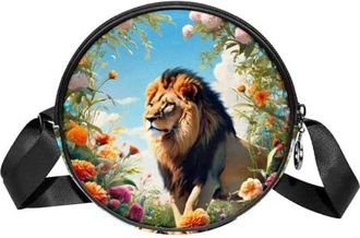 Generic Petit sac &agrave; bandouli&egrave;re circulaire pour femme, motif fleur de lion, sac &agrave; dos avec fermeture &eacute;clair, bretelles r&eacute;glables, sac &agrave; main rond d&eacute;contract&eacute; 