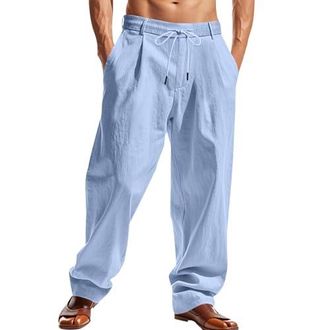 Generic Pantalon habill&eacute; en lin pour homme - Coupe ample - Taille &eacute;lastique - Pantalon d&eacute;contract&eacute; avec cordon de serrage - Pantalon de yoga ample - Jambe lar
