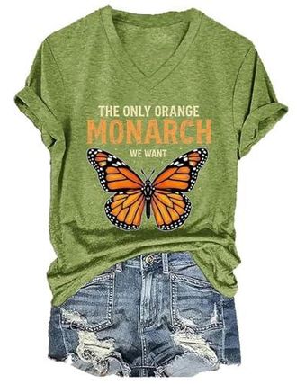 Generic T-shirt &agrave; manches courtes et col en V avec motif papillon &laquo; The Only Orange Monarch We Want &raquo; pour femme, Vert, XXL
