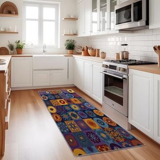 Generic Tapis de Couloir 50 x 150 cm, Poil Ras Tapis de Passage Couloir Antid&eacute;rapant Oriental Traditionnel G&eacute;om&eacute;trique Carr&eacute; Motif Tapis de Sol Long, Violet F