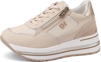 Queen Helena Sneakers aus Leder mit Keilabsatz, Turnschuhe mit seitlichem Rei&szlig;verschluss f&uuml;r Damen QH9013, beige, 37 EU