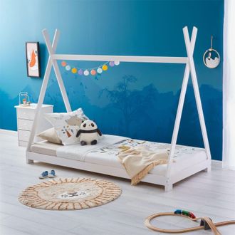 IDIMEX Tipi Bett ELIN aus massiver Kiefer in 90 x 200, Kinder Hausbett mit Dach, modernes Indianer Spielbett f&uuml;r Kinder, wei&szlig; lackiert