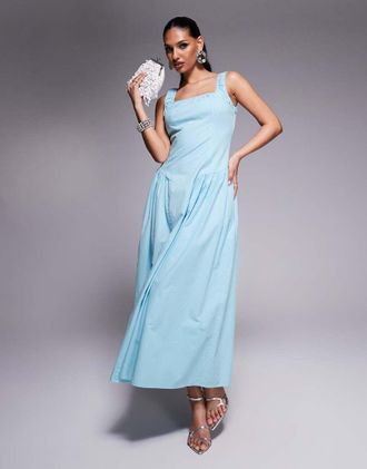 KAIIA Exclusivit&eacute; - Kaiia - Robe longue riche en coton avec encolure carr&eacute;e fronc&eacute;e &agrave; garniture dentelle et d&eacute;tail plis aux hanches - Bleu ciel