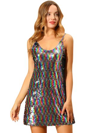 Allegra K Damen Glitzer Sparkle Verstellbare Tr&auml;ger Mini Party Pailletten Kleid, Regenbogenfarben, X-Klein