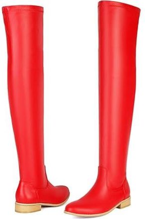 Generic Bottes longues extensibles au-dessus du genou pour femme avec fermeture éclair latérale, bout rond, chaussures plates pour fête, défilé, boîte de nuit