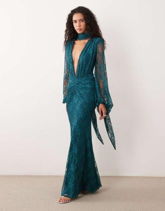 Asos robe longue en dentelle &agrave; d&eacute;collet&eacute; plongeant avec d&eacute;tail foulard et manches bouffantes, vert canard-Bleu