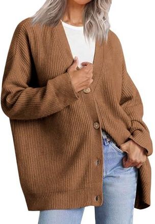 Generic Cardigan Oversize &agrave; col en V et Manches Longues pour Femme, v&ecirc;tement dext&eacute;rieur boutonn&eacute; sur Le Devant, Pull d&eacute;contract&eacute; en Tricot