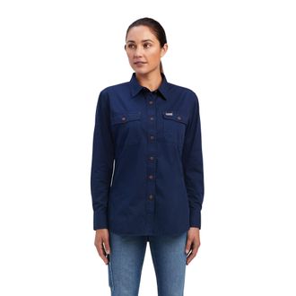 Ariat Womens Rebar Washed Twill Work Shirt Long Sleeve in Navy Cotton Twill, Size X-Large, by Ariat