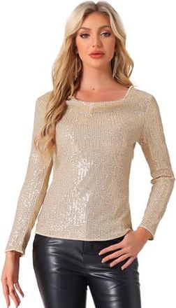 Allegra K Chemisier à Paillettes Femme Col Bénitier Manches Longues Blouse Scintillante Clubwear Haut de Soirée de Fête Champagne Or S