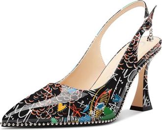 Castamere Femmes Slingback Kitten Talon Heel Ferm&eacute; Pointu Bout Escarpins Bloc Chunky Mariage Party Dress Chaussures 9 CM Heels Noir Gribouillis 37 EU