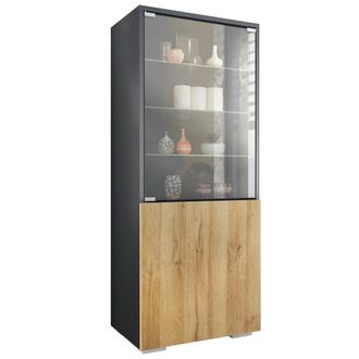 Vladon Vitrine Granada, Made in Germany, Vitrinenschrank mit Glast&uuml;r und Glaseinsatz, Anthrazit matt/Eiche Natur (50 x 122,5 x 34,5 cm)