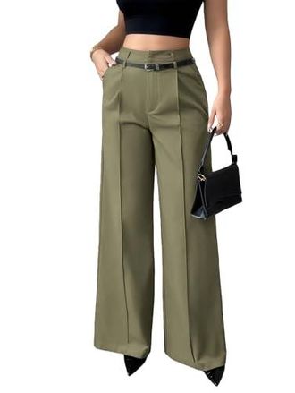 Generic Pantalon noir taille haute pour femme &agrave; jambes larges pour affaires, d&eacute;contract&eacute;, bureau, travail, pantalon pliss&eacute; fluide, Vert, XXL