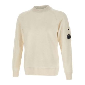 C.P. Company C.p. Company, Homme, Pulls, Blanc, Taille: XL Pull Ras du Cou En Feutre De Laine M&eacute;rinos Avec D&eacute;tail Optique