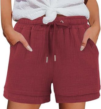 Generic 2025 Shorts Et Bermudas Femme Gaze de Coton Grande Taille Ete Fluide Shorts Lin Sport Décontracté Vetement Elastique avec Poches