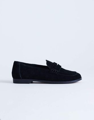 Topshop Charlie - Flache Loafer aus echtem Wildleder in Schwarz